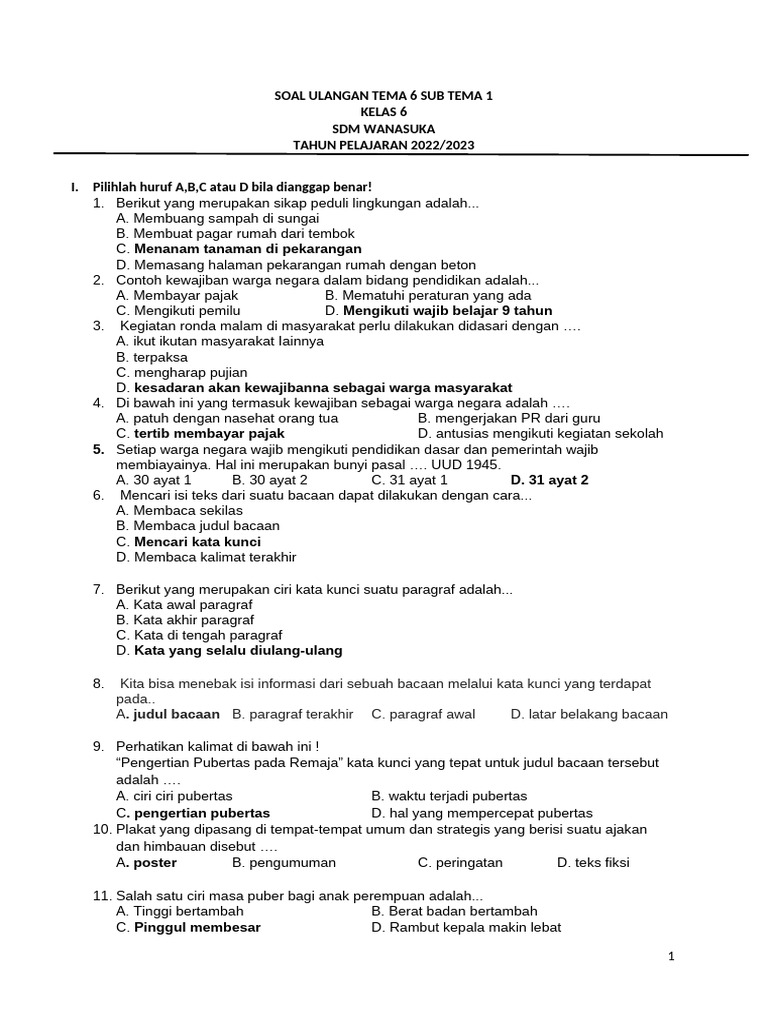 Soal Ulangan Tema 6 Sub Tema 1 Kelas 6 | PDF
