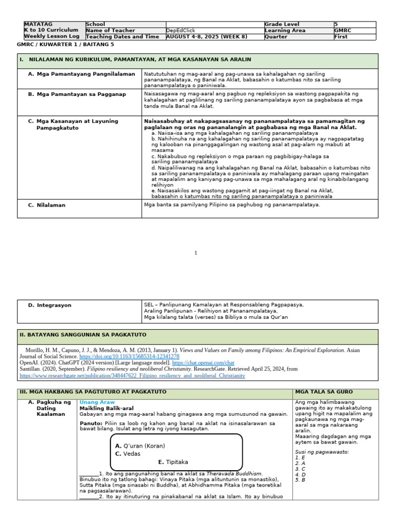 GMRC 5 - DLL - Q1 - W8 | PDF