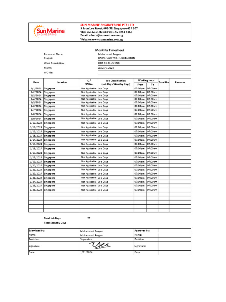 January 2024 Timesheet for FPSO Project | PDF