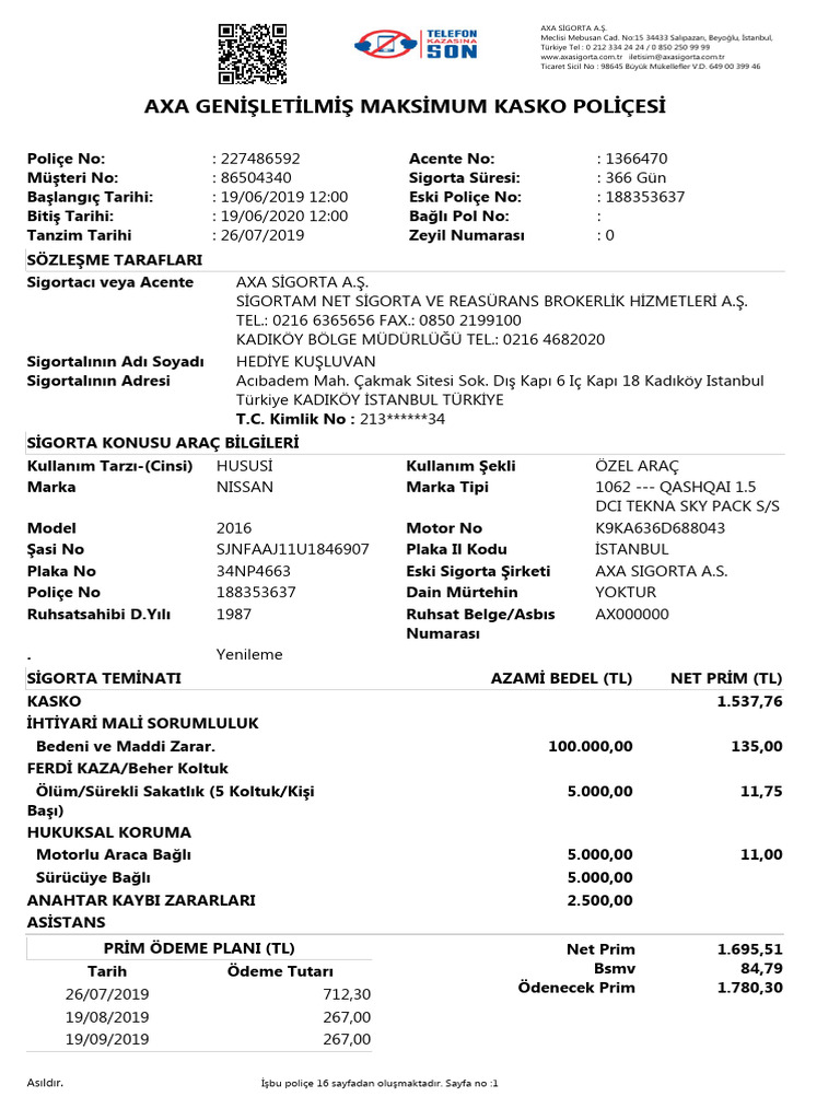 AXA Sigorta Poliçe Detayları | PDF