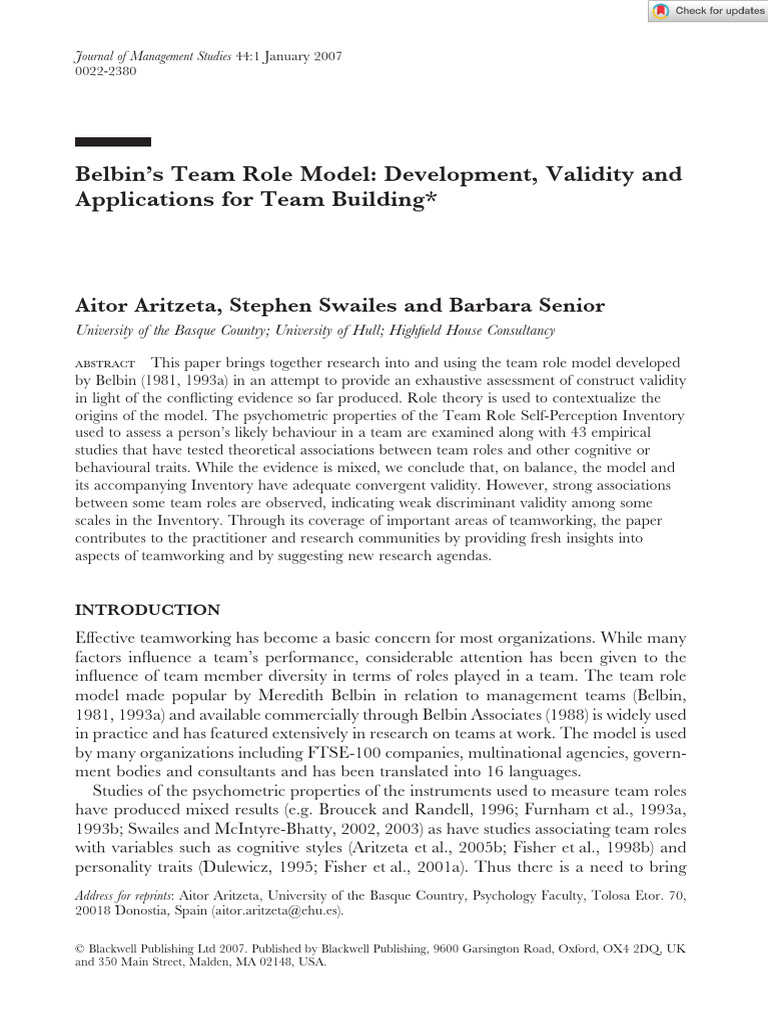 Belbin's Team Role Model Analysis | PDF | Validity (Statistics ...