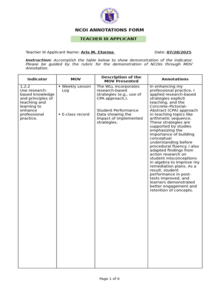 NCOI Annotations Form For Teacher III Applicant | PDF | Learning ...