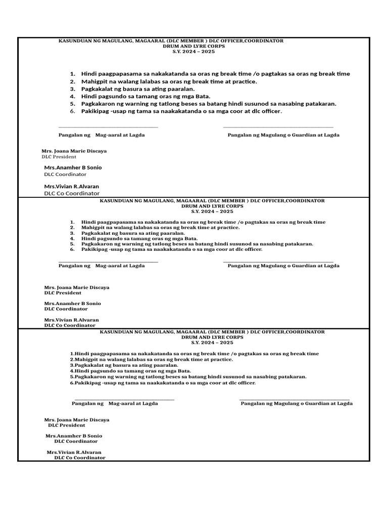 Kasunduan NG Magulang DLC Officers | PDF