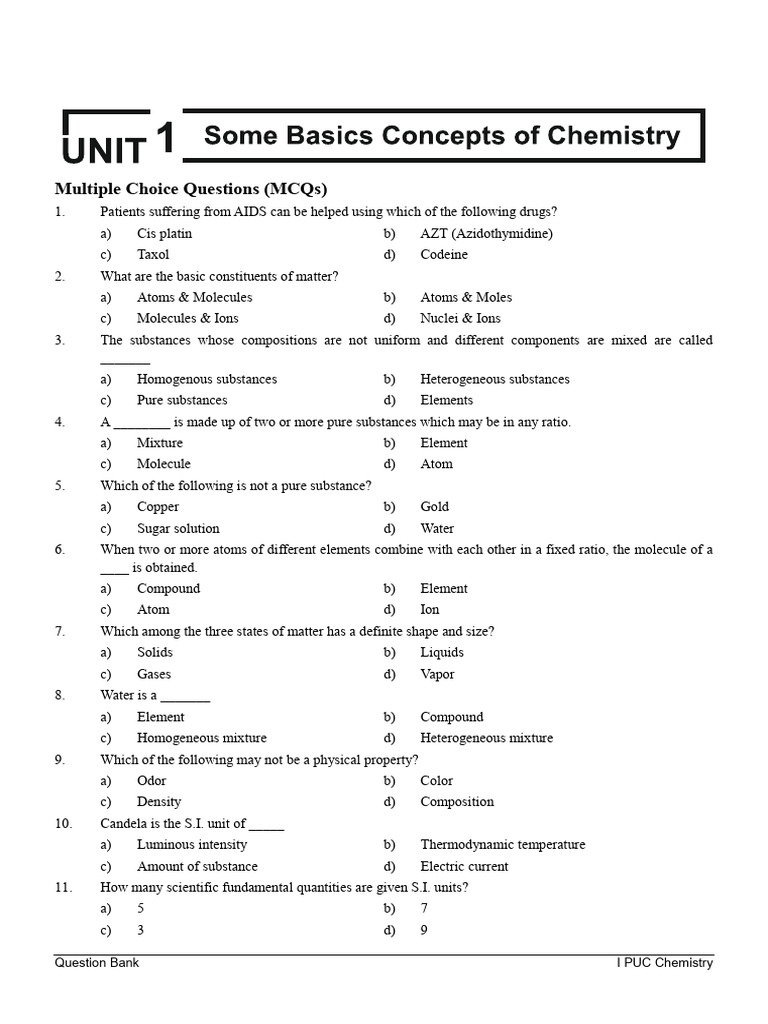 I PUC Chemistry Question Bank MCQs | PDF | Mole (Unit) | Chemistry