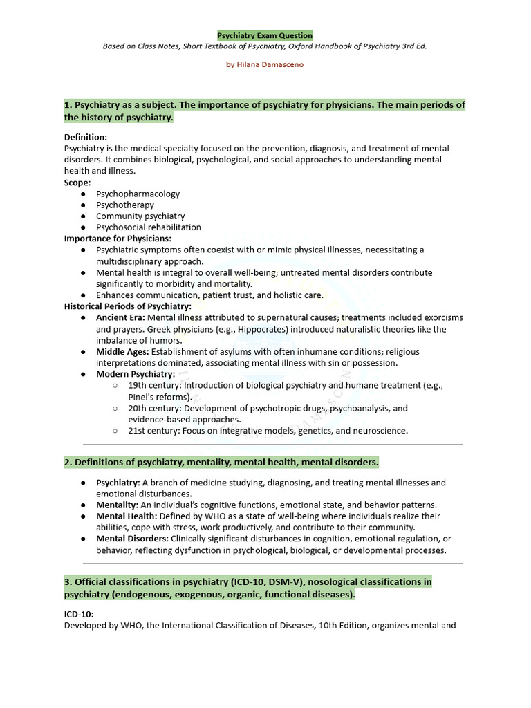 Psychiatry Exam Questions by Hilana | PDF | Hallucination | Mental Disorder