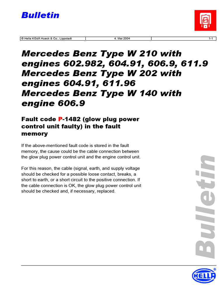 Mercedes Type W 210 Fault Code P 1482 Glow Plug Power Control Faulty | PDF
