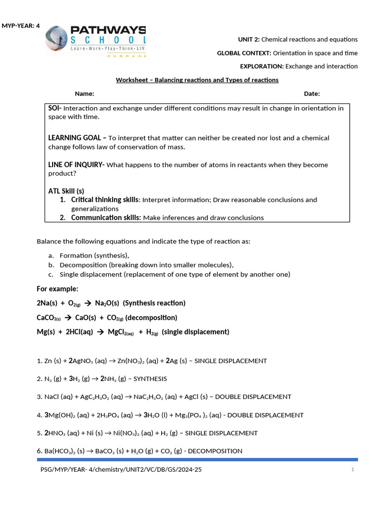 WS 4 - Balancing Chemical Equations | PDF | Chemical Reactions ...