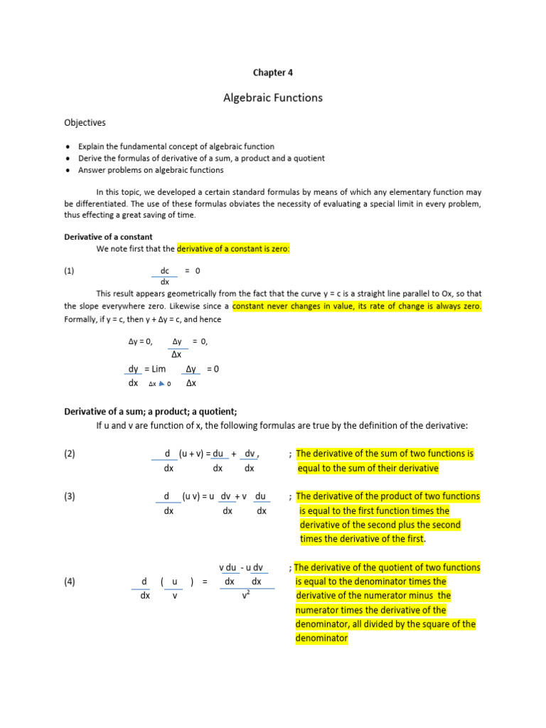 Chapter 4 Algebraic Functions | PDF | Derivative | Function (Mathematics)