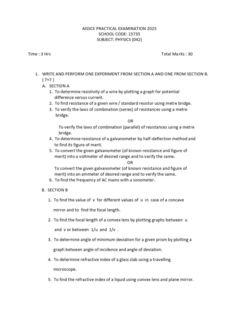 Aissce Practical Q Paper 2025 | PDF | Optics | Electricity