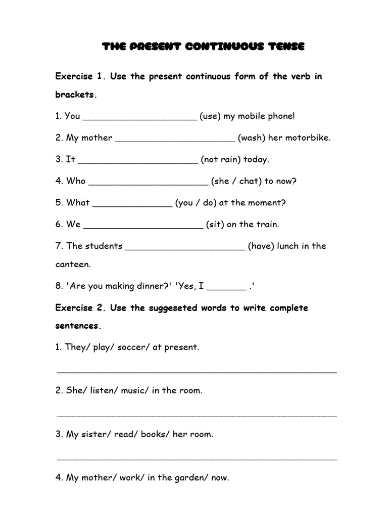 Present Continuous Tense Exercises | PDF