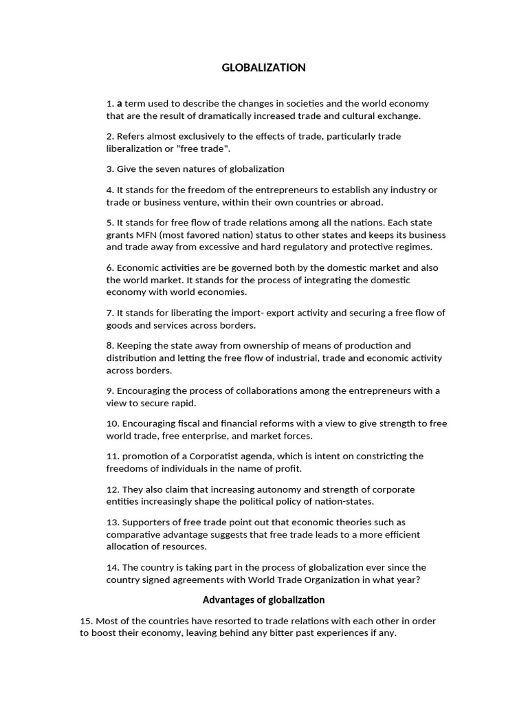 GLOBALIZATION questions | PDF | Globalization | Market (Economics)