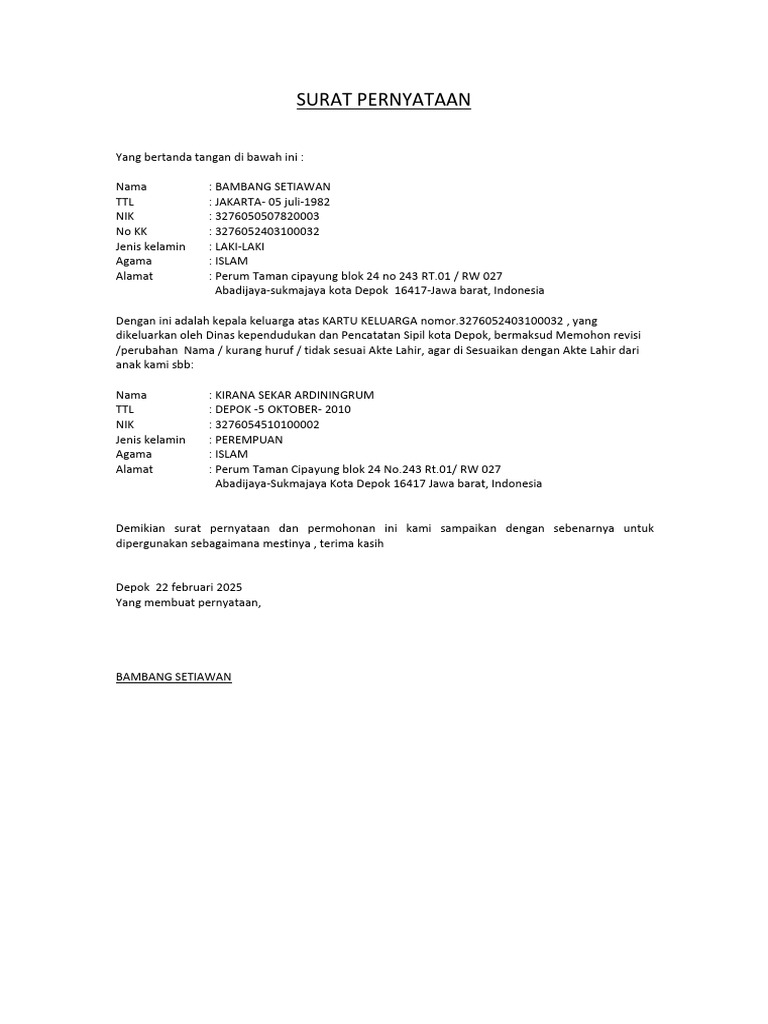 SURAT PERNYATAAN Perubahan Nama KK | PDF