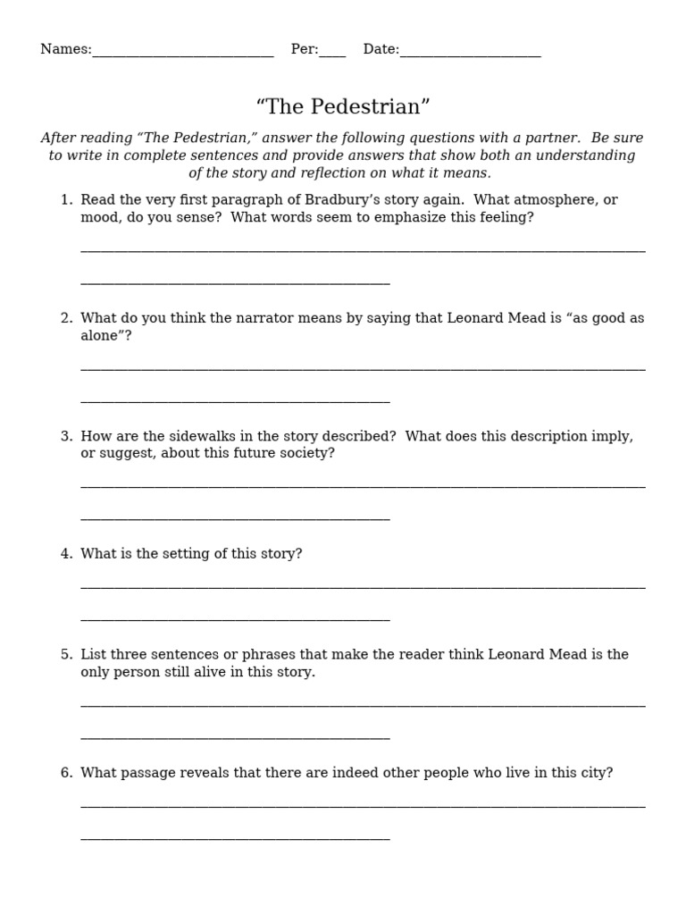 Discussion Questions for "The Pedestrian" | PDF