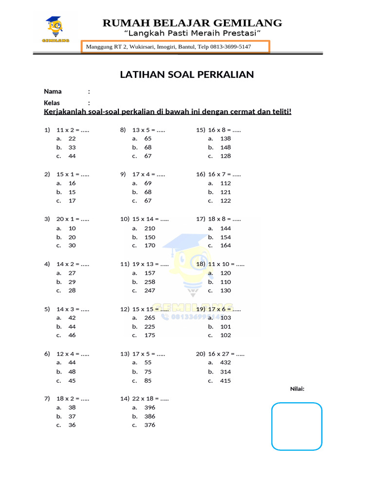 Latihan Soal Perkalian SD Kelas 1-6 | PDF