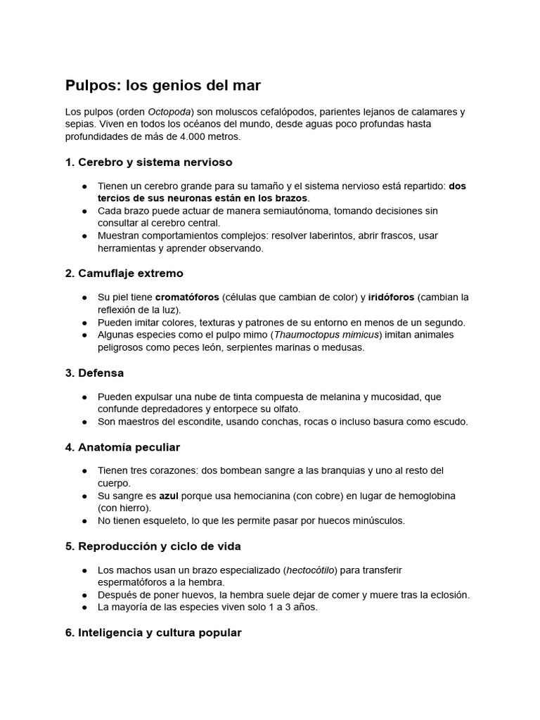 Pulpos: inteligencia y adaptación marina | PDF