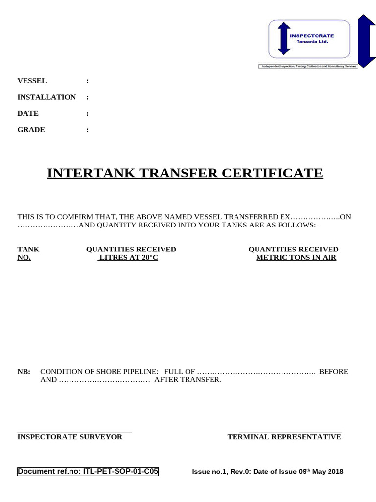 Intertank Tranfer Certificate | PDF