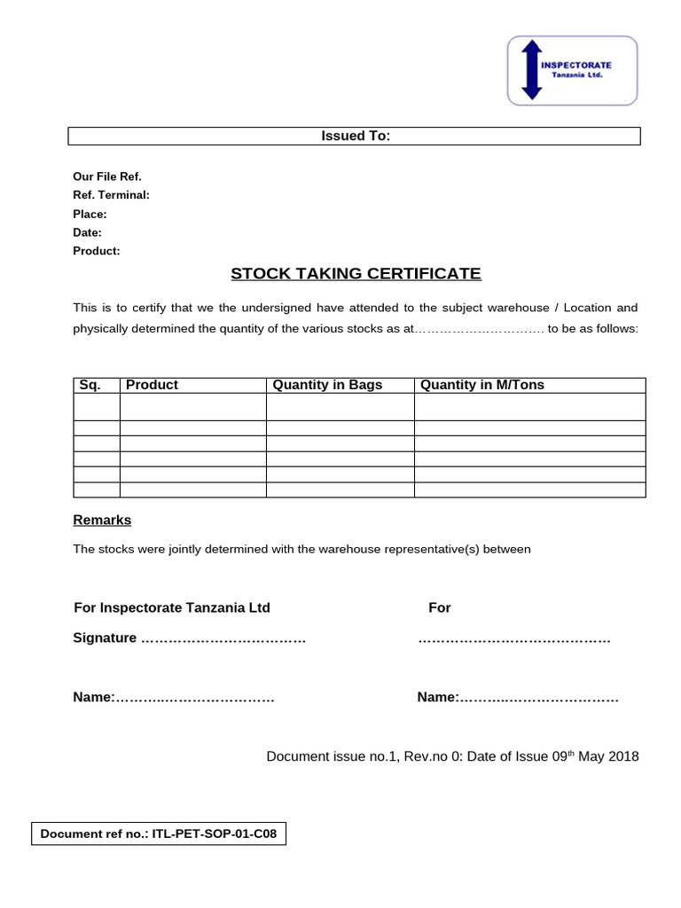 Stock Taking Certificate - Inspectorate Tanzania | PDF