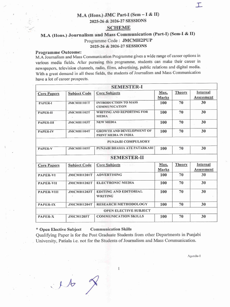 M.A (Hons.) JMC Part I (Sem I & II) 2025-26 & 2026-27 | PDF