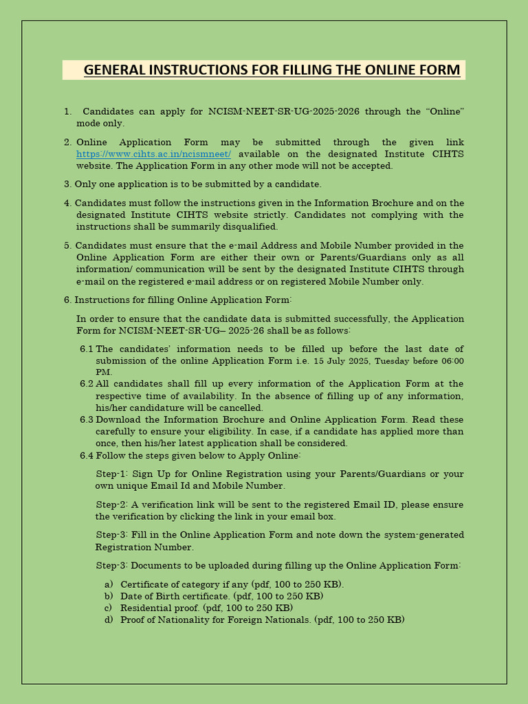 General Instructions Ncism Neet SR 2025-26 | PDF