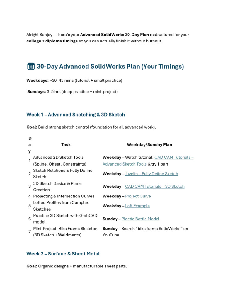 30-Day Advanced SolidWorks Plan | PDF
