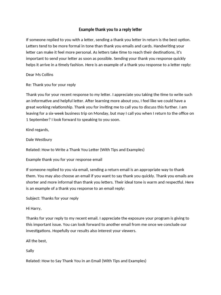 Example Thank You To A Reply Letter | PDF