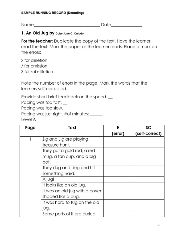 Sample Running Record - Decoding Worksheet | PDF
