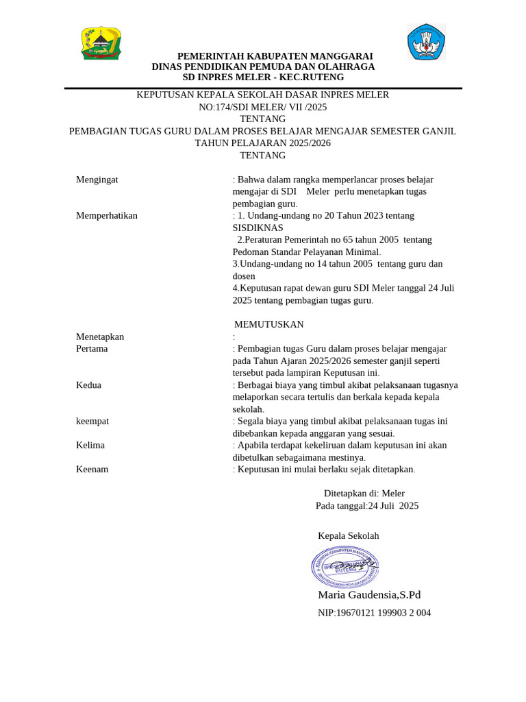 Pembagian Tugas Guru SDI Meler 2025 | PDF