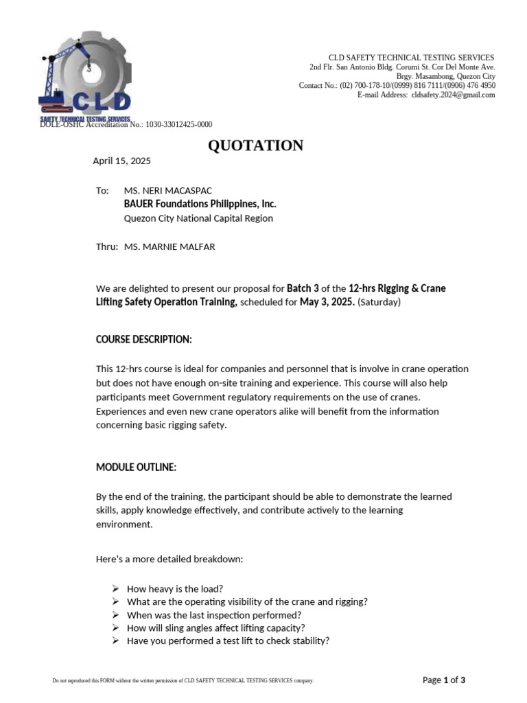 Quotation - 12 Hrs - Rigging and Crane Lifting Safety Training - Batch ...