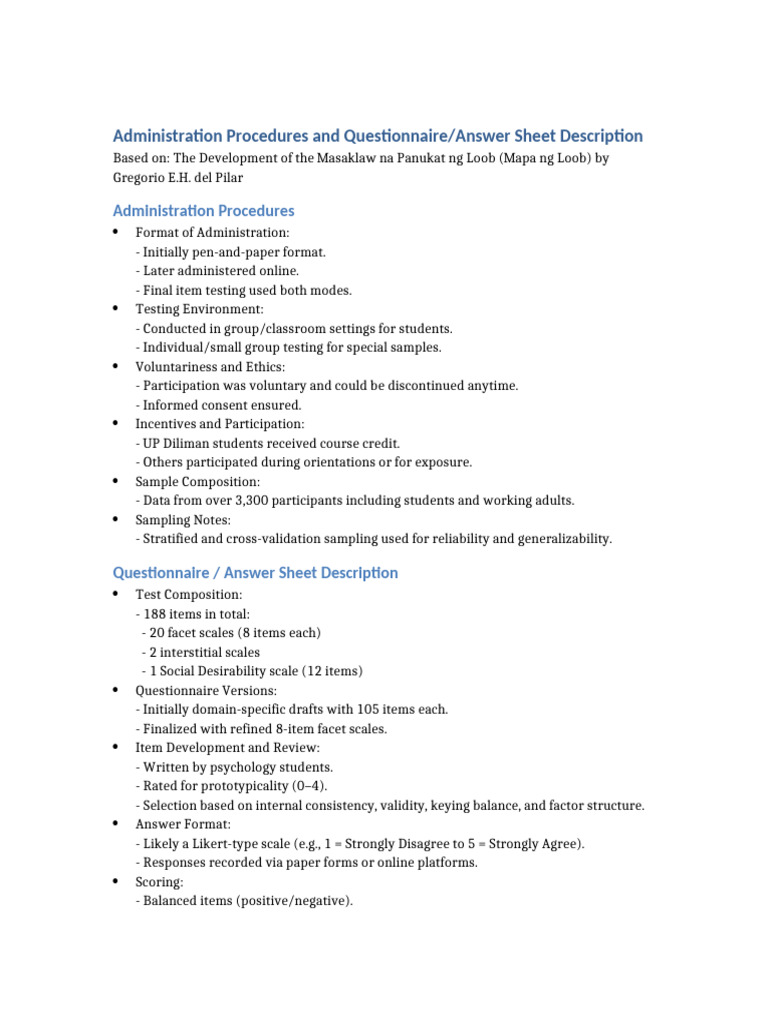 Mapa ng Loob Questionnaire Overview | PDF