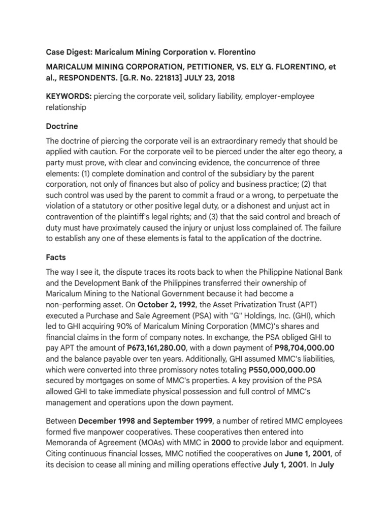 Maricalum Mining Corp. v. Florentino | PDF | Piercing The Corporate ...
