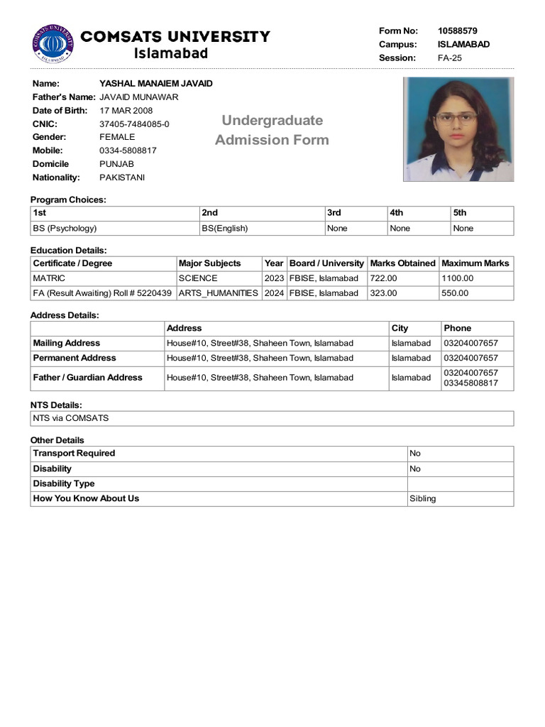 Islamabad Undergraduate Admission Form | PDF