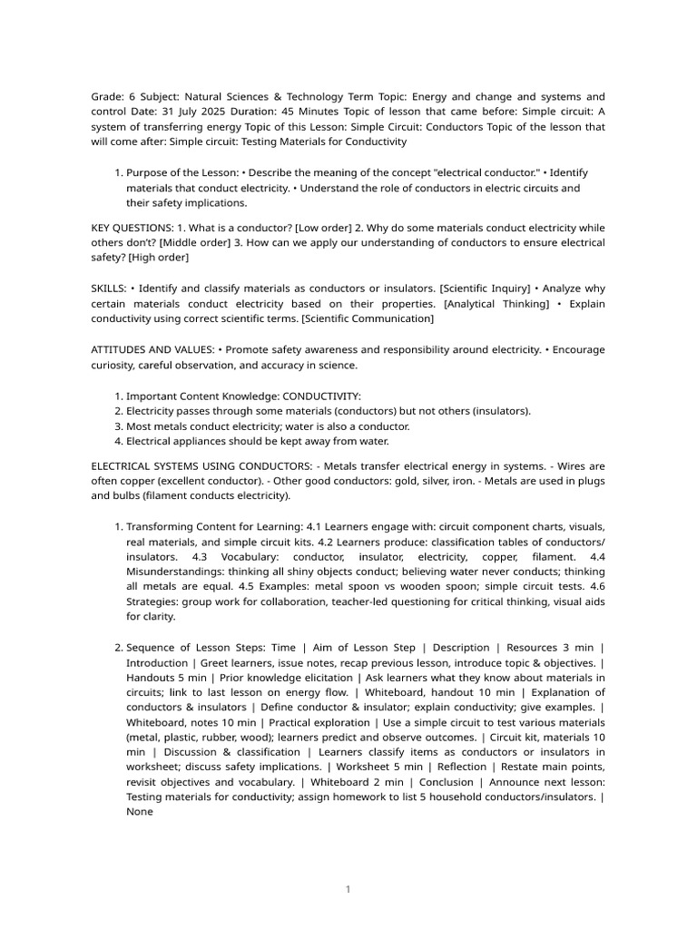 Lesson Plan Conductors | PDF | Electricity | Electrical Conductor