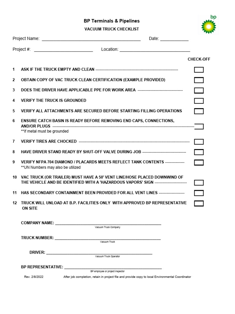 Durasucker Vacuum Truck Checklist | PDF | Truck | Bp