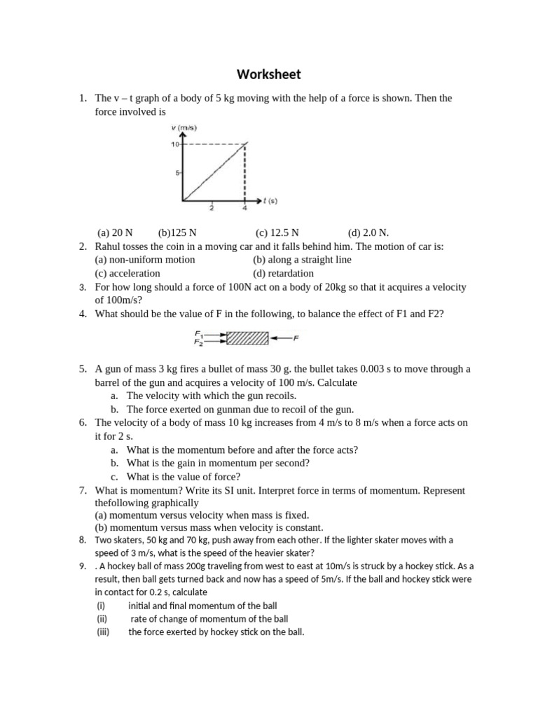 Force and Laws of Motion Worksheet | PDF