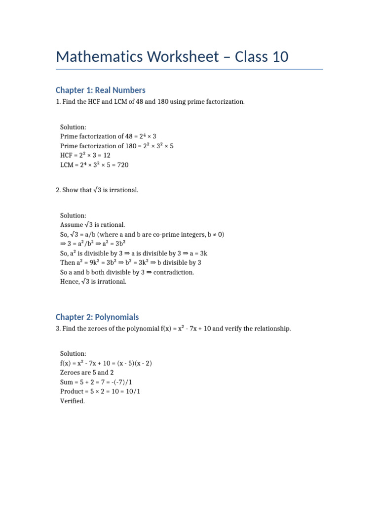 Class 10 Maths Worksheet PDF | PDF