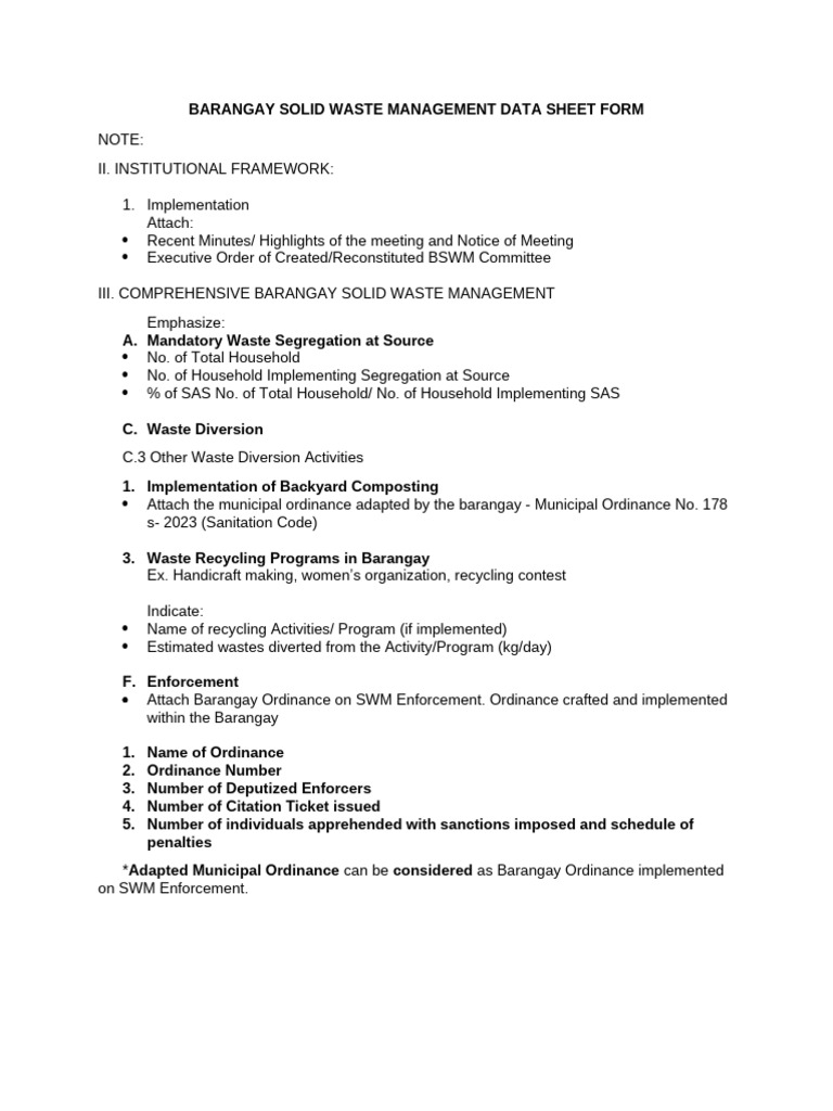 List of Consolidated Barangay SWM Data Sheet Form | PDF
