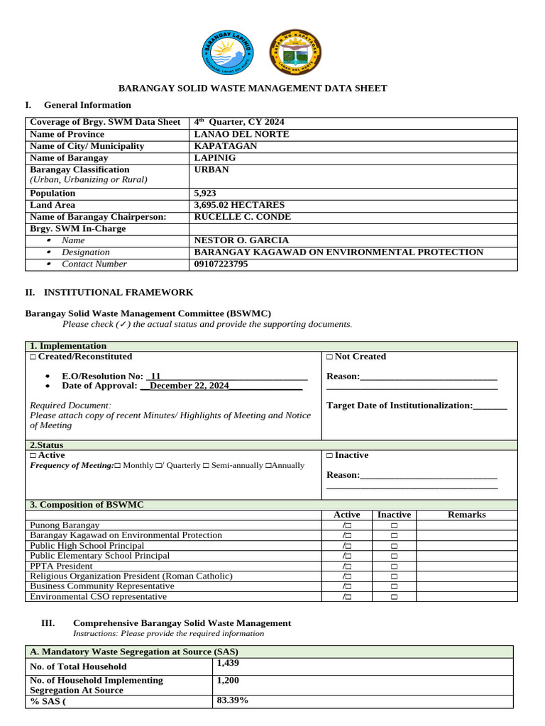 Barangay Lapinig SWM Data Sheet Form | PDF | Waste | Recycling