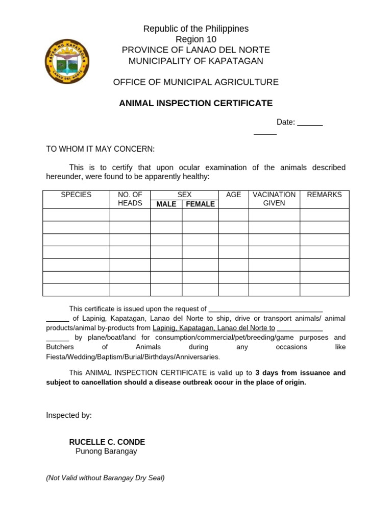 Animal Inspection Certificate | PDF