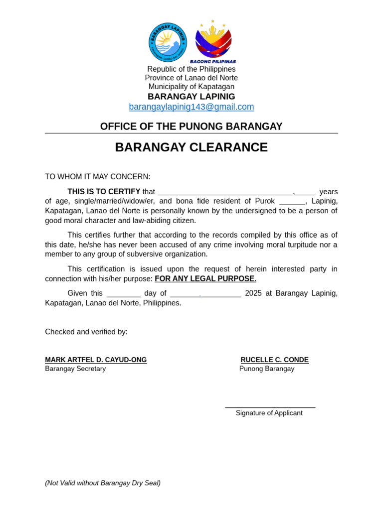 Barangay Clearance Certification Sample | PDF