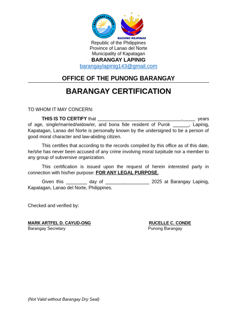 Barangay Certification 2025 | PDF