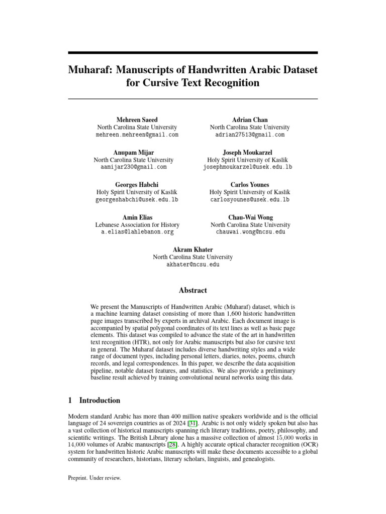 Muharaf - Manuscripts of Handwritten Arabic Dataset For Cursive Text Recognition | PDF | Optical ...