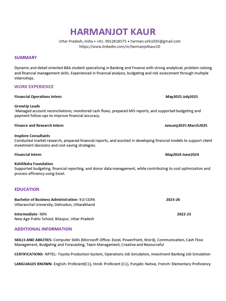 BBA Student in Banking & Finance Resume | PDF