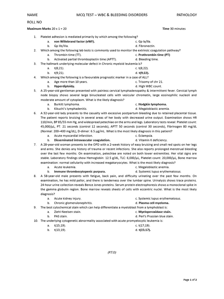 MCQ Test on WBC and Bleeding Disorders | PDF | Leukemia | White Blood Cell