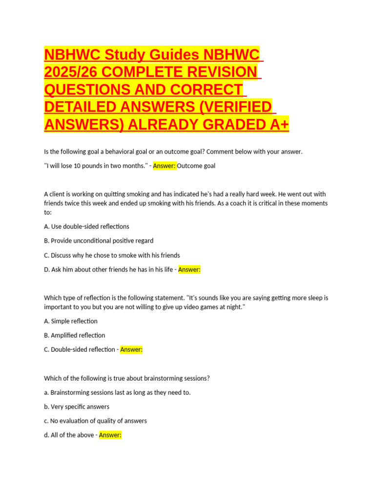 NBHWC Study Guides NBHWC 2025 26 Complete Revision Questions and ...