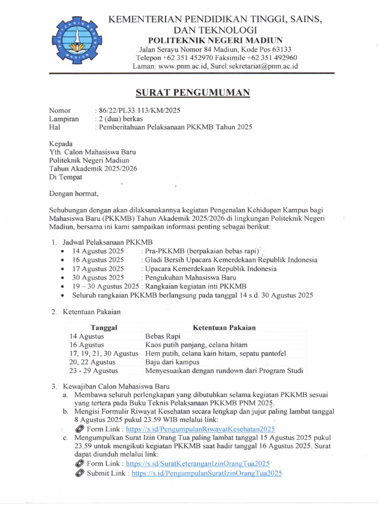 Pengumuman PKKMB 2025 | PDF