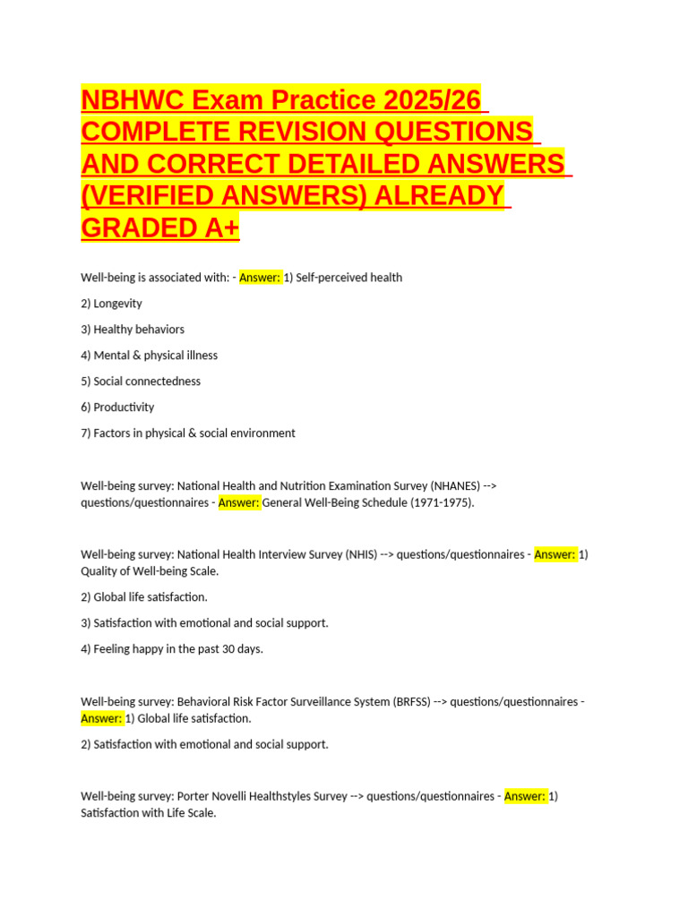 NBHWC Exam Practice 2025 26 Complete Revision Questions and Correct Detailed Answers (Verified ...