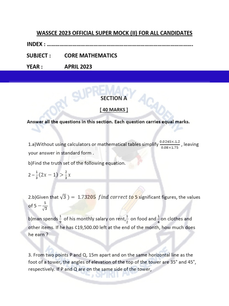 Wassce 2023 Super Mock (II) Core Mathematics-1 - 109603970 | PDF | Volume | Mathematics