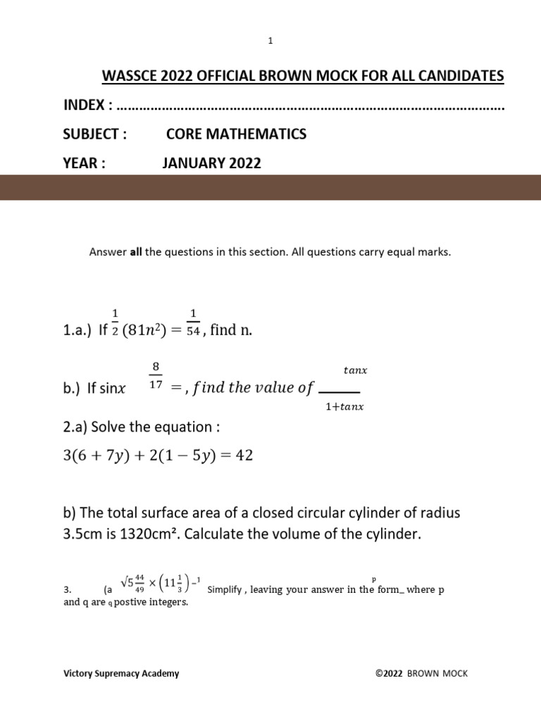 WASSCE 2022 Core Mathematics Mock Exam | PDF | Mathematics | Euclidean ...