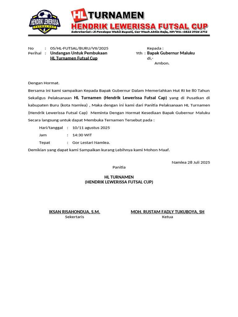 Undangan Pembukaan HL Turnamen Futsal | PDF