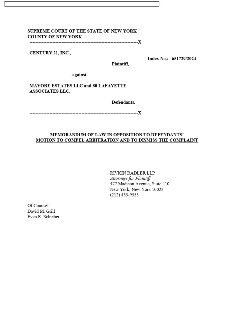 2024 Century 21 Inc V Mayore Estates LLC Et Al Memorandum of Law I 24 ...